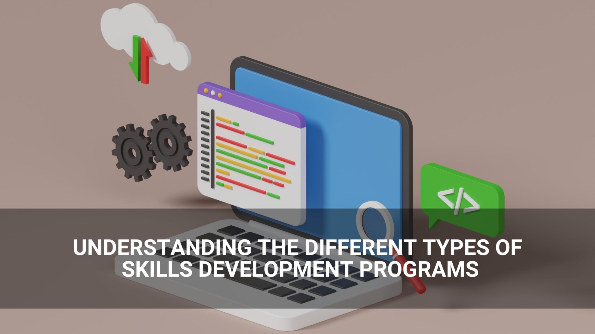 3D illustration of a laptop, code editor, gears, magnifying glass, and ...